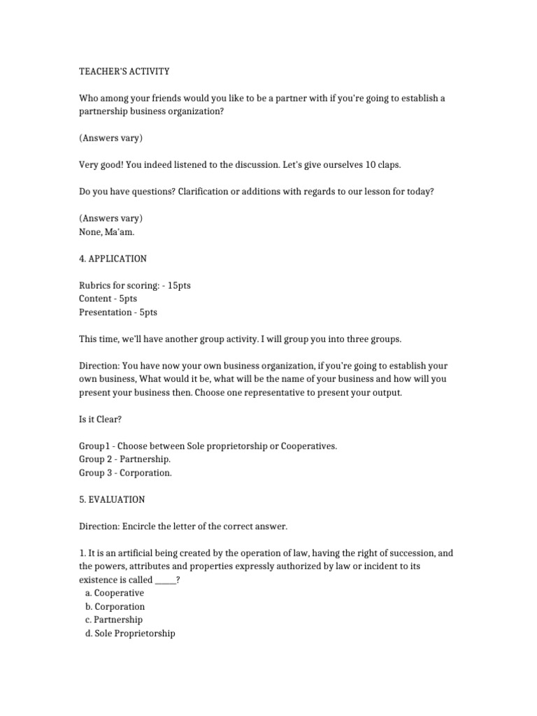 Business Organization Group Activity Guide | PDF