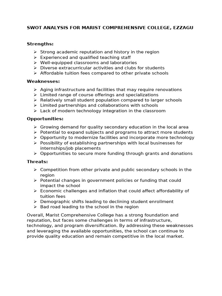 SWOT Analysis of Marist College Ezzagu | PDF