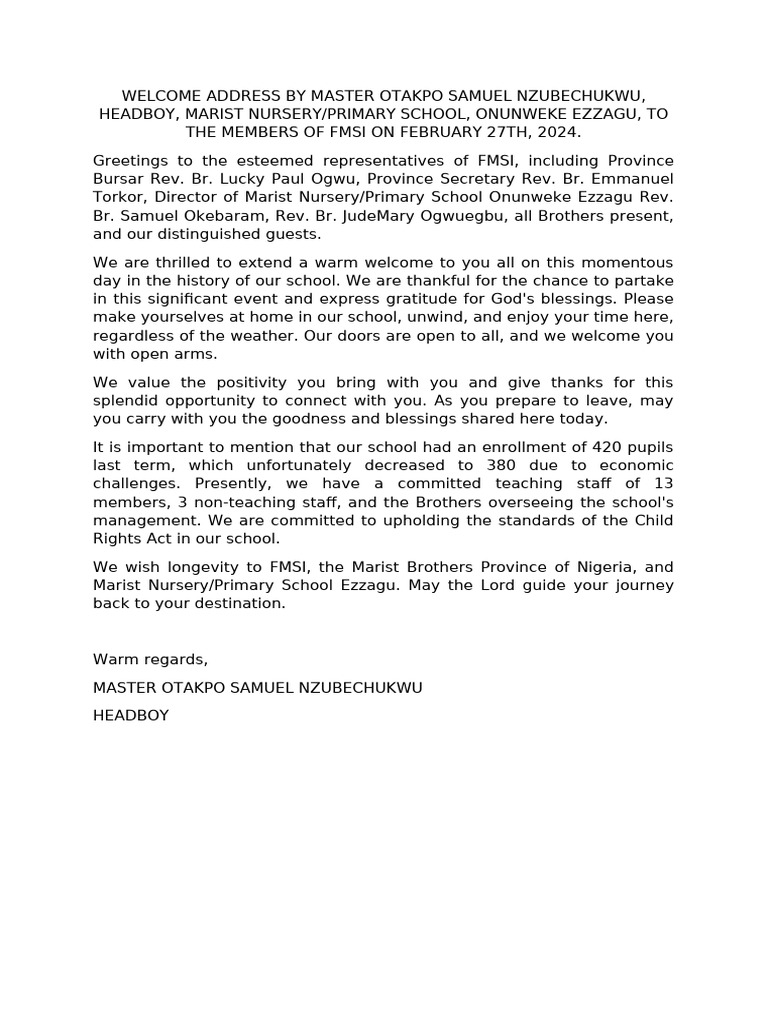 Welcome Address by Master Otakpo Samuel Nzubechukwu | PDF