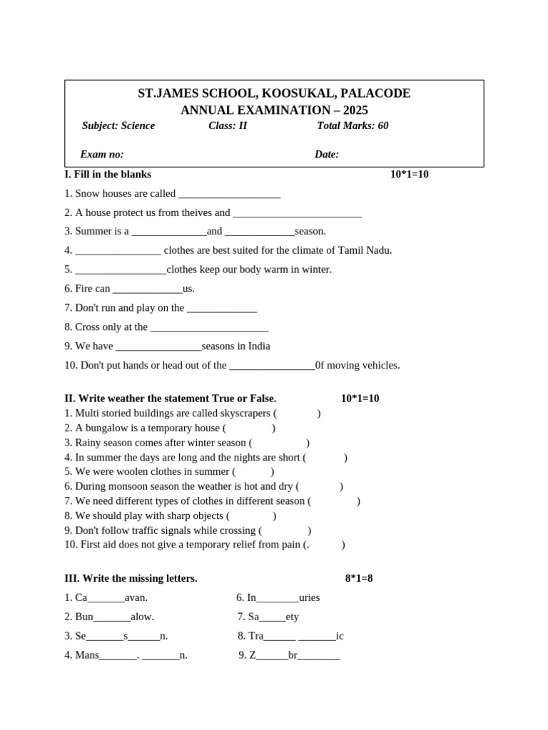 St. James School Class II Science Exam 2025 | PDF | Atmosphere | Earth ...