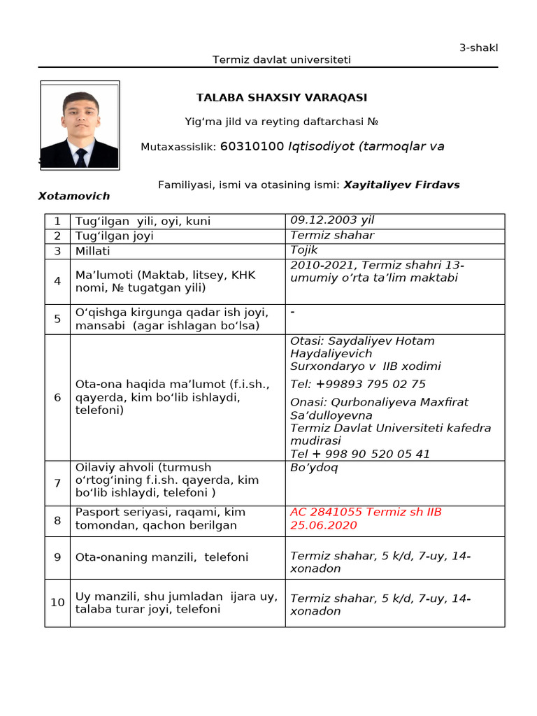 Shaxsiy Varaqa1 | PDF