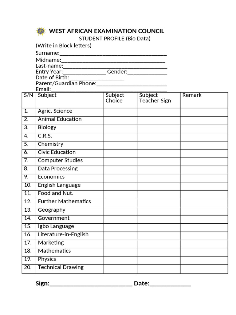 WEST AFRICAN EXAMINATION COUNCIL STUDENT PROFILE fORM | PDF