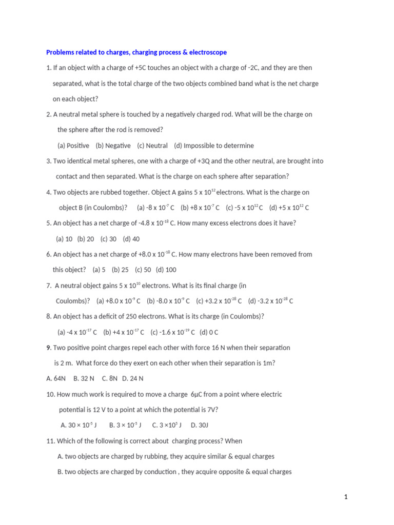 10th Worksheet On Electrostatic & Electric Current | PDF | Electric Charge | Resistor