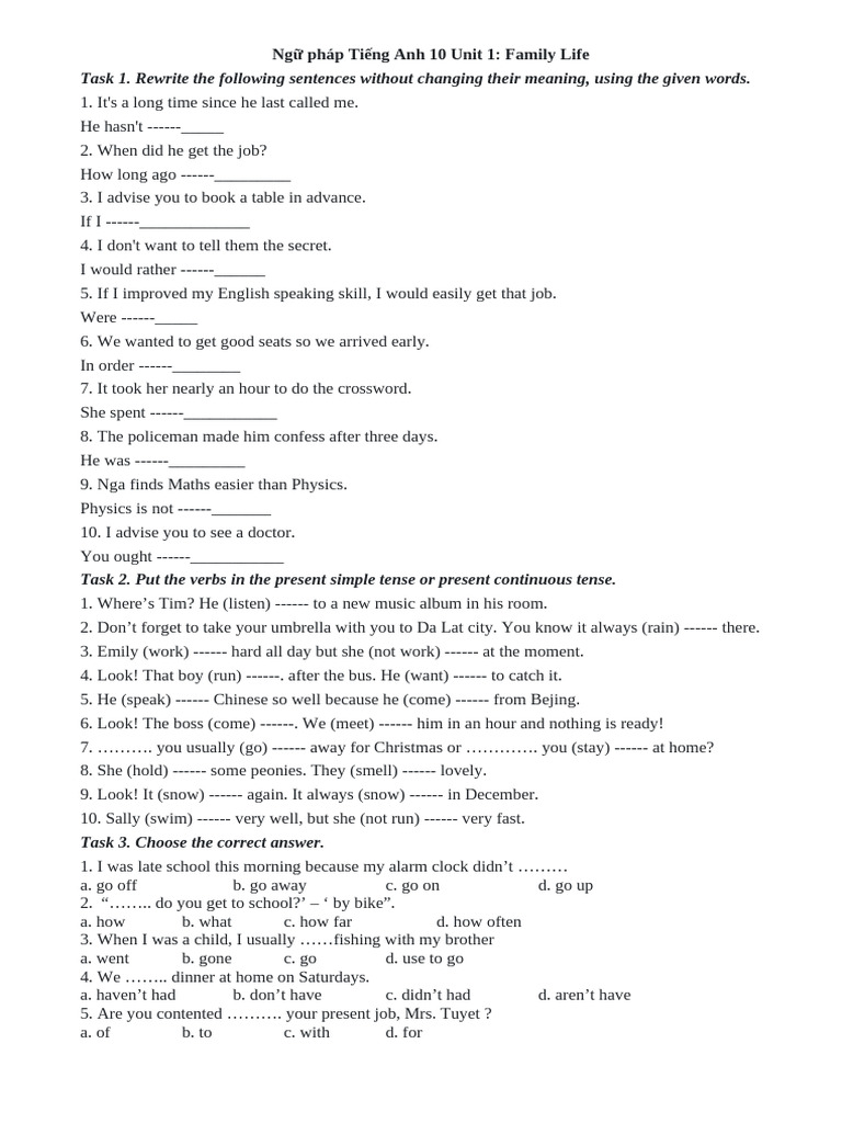 ÔN TẬP NGỮ PHÁP ANH 10 | PDF