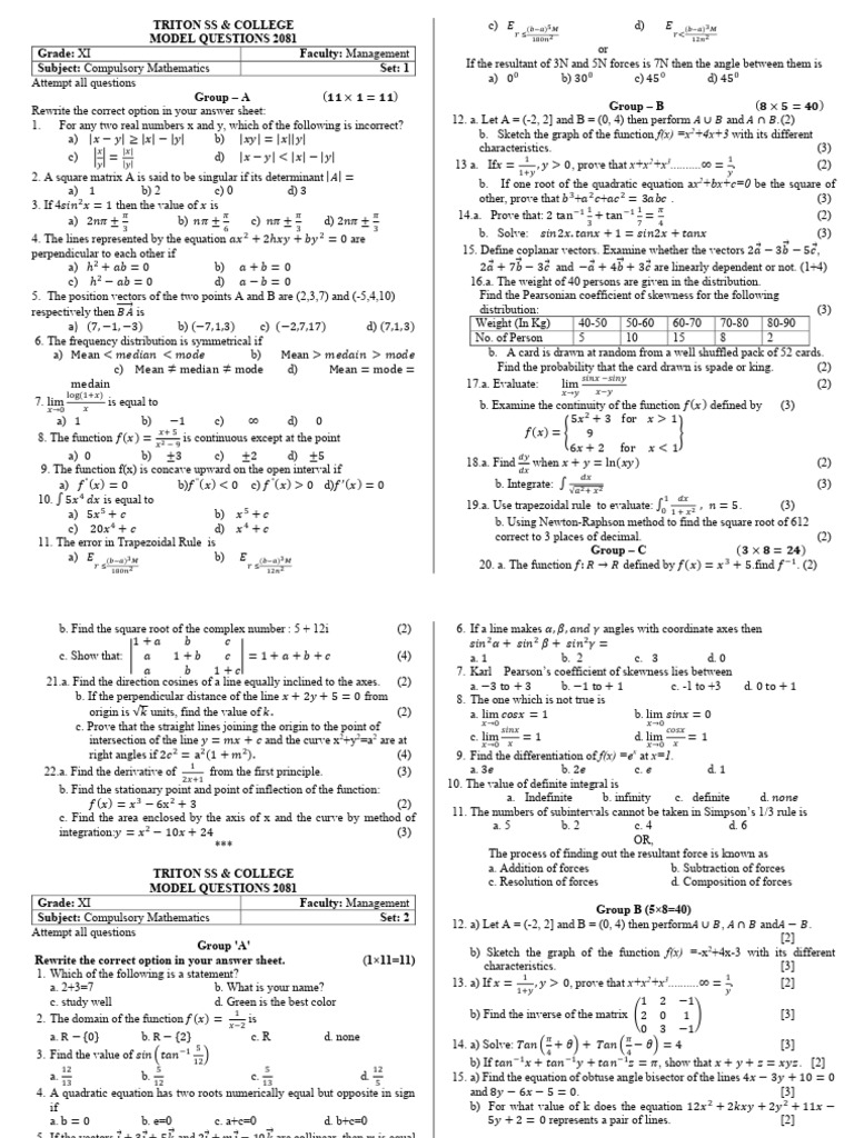 Compulsory Mathematics 11 - 2081 | PDF | Mathematical Concepts | Mathematical Objects