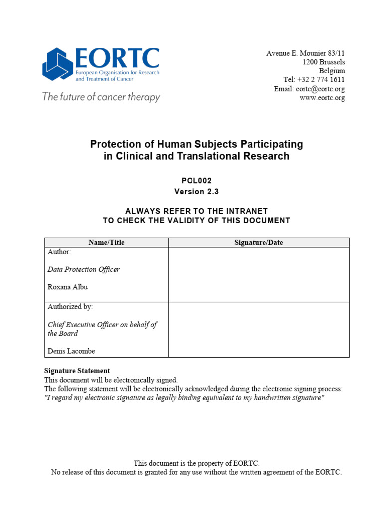 Human Subjects Protection Policy EORTC | PDF | Clinical Trial | Informed Consent