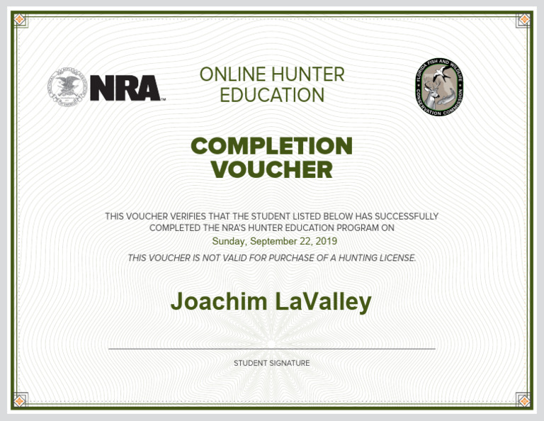 Nra Online Hunter Education Certificate Unlocked | PDF