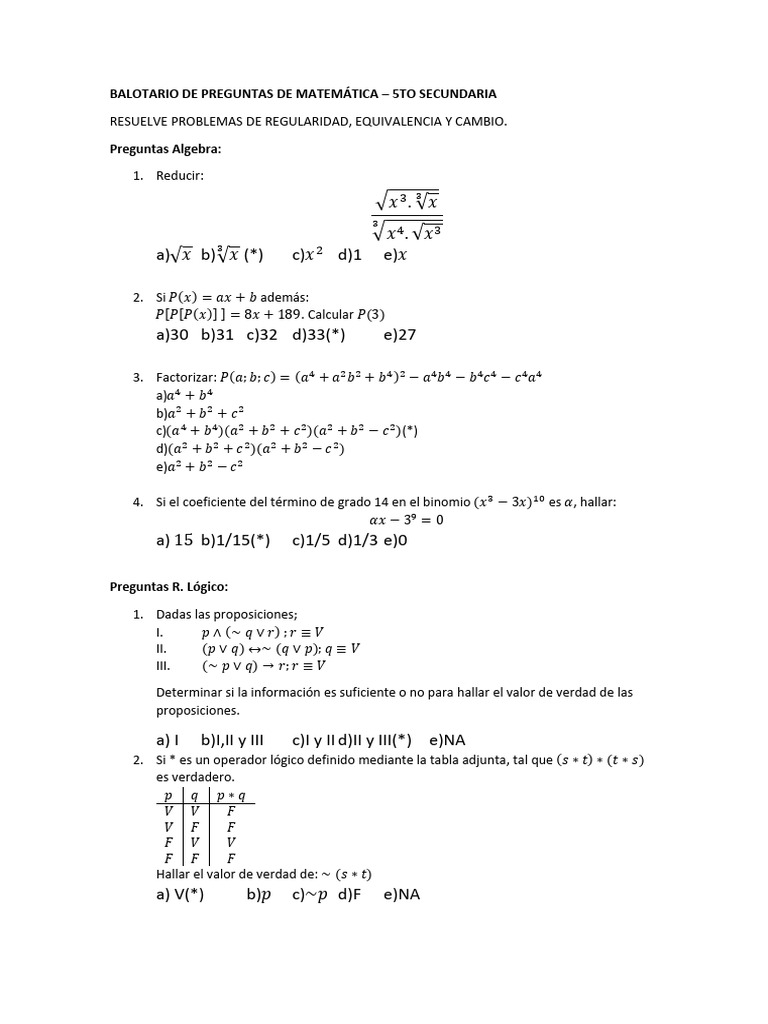 BALOTARIO - MATEMÁTICA 5TO | PDF | Proposición | Ángulo