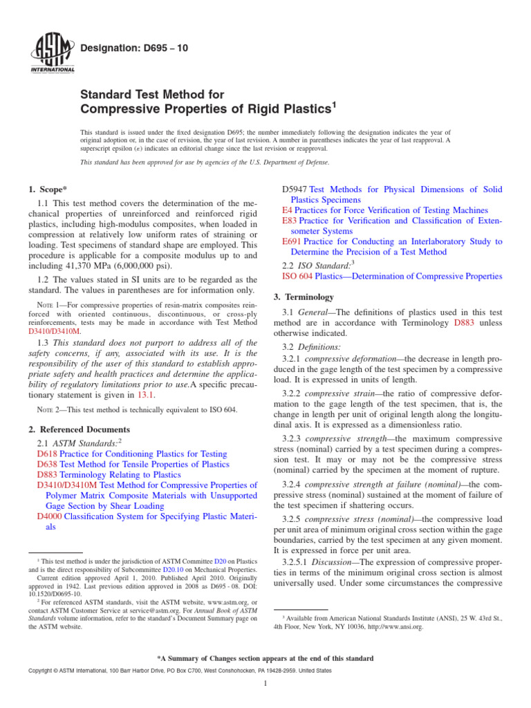 ASTM D695-Compressive Properties of Rigid Plastics | PDF | Deformation ...