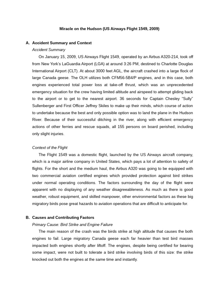 US Airways Flight 1549: Miracle on the Hudson | PDF | Aviation ...