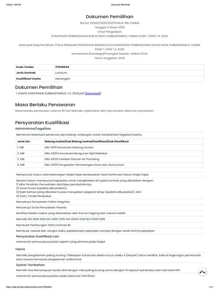 Dokumen Pemilihan | PDF