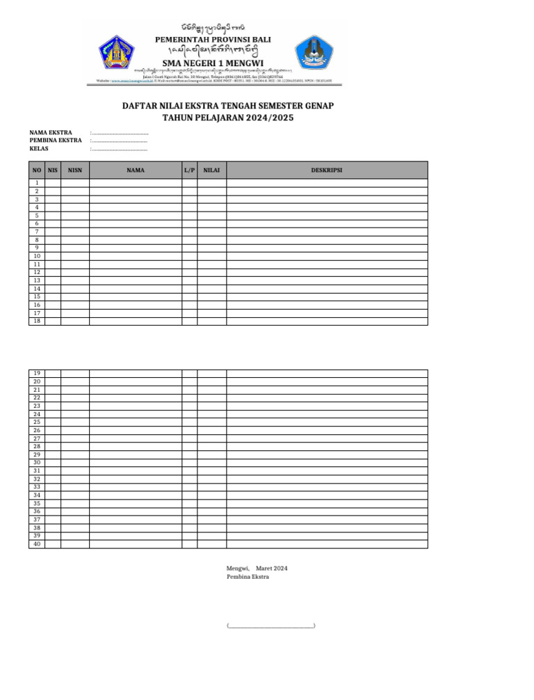 Daftar Nilai Ekstra STS SMT 2 2024-2025 | PDF