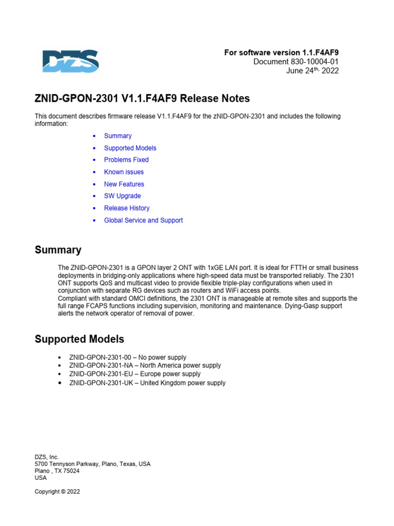 ZNID-GPON-2301 v1.1.F4AF9 Release Notes | PDF | Booting | Computer Network