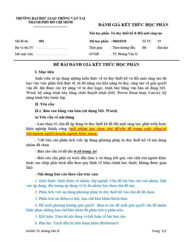 - Đánh Giá Kết Thúc Học Phần TDTK Va ĐMST | PDF