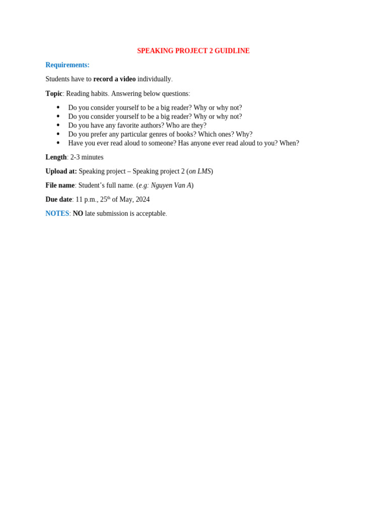 Speaking Project 2 Guidlines | PDF