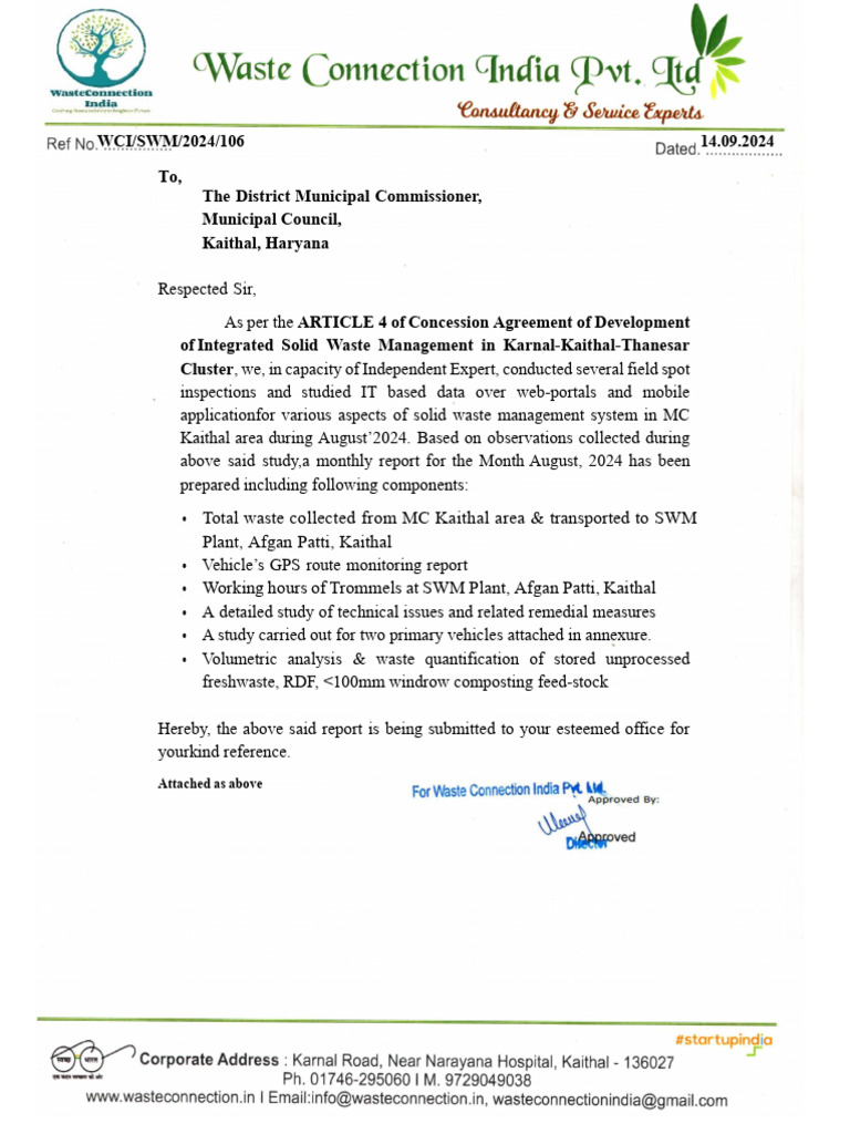 IE Report MC Kaithal August 2024 | PDF | Waste | Pollution