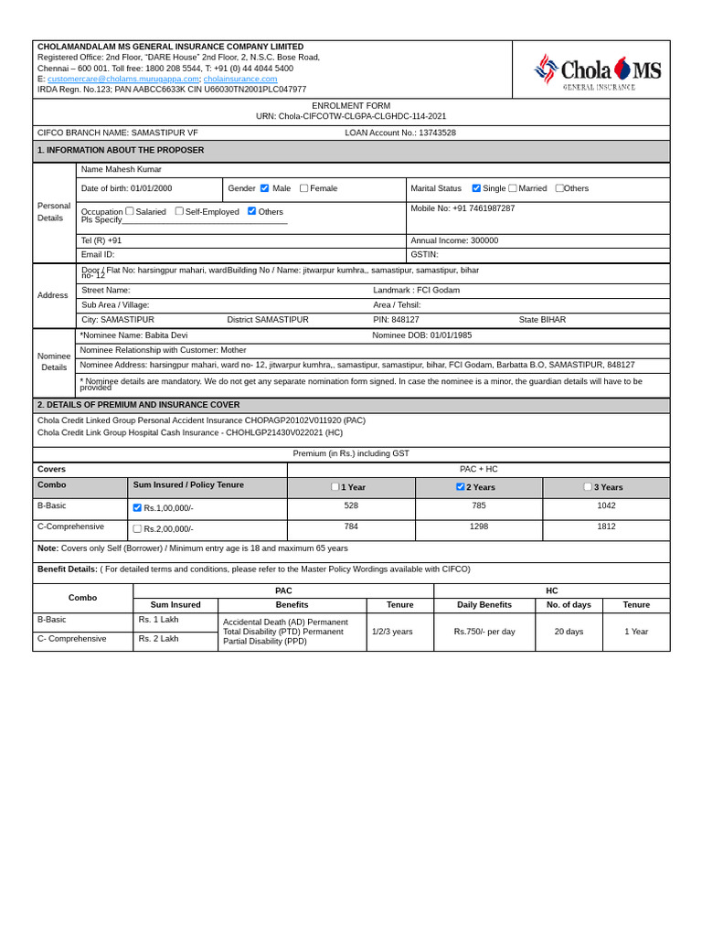 CIFCO Loan Insurance Enrollment Form | PDF | Insurance | Underwriting