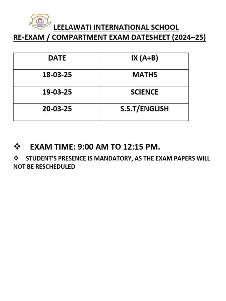 Leelawati School Re-Exam Schedule 2024-25 | PDF