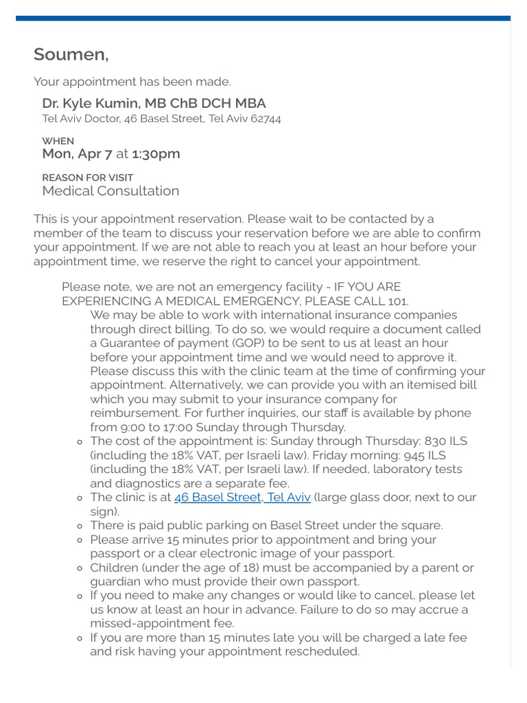Appointment Made - Tel Aviv Doctor | PDF
