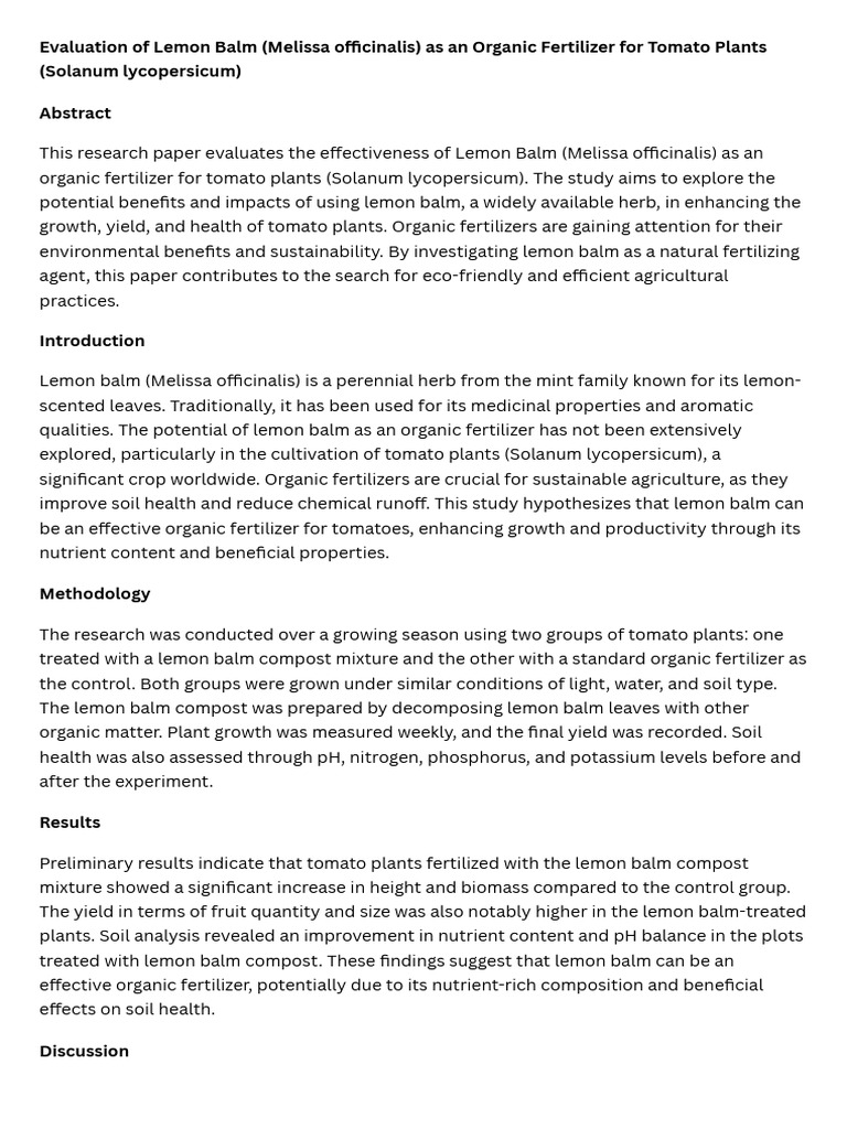 Evaluation of Lemon Balm (Melissa Officinalis) As An Organic Fertilizer For - 20240418 - 172800 ...