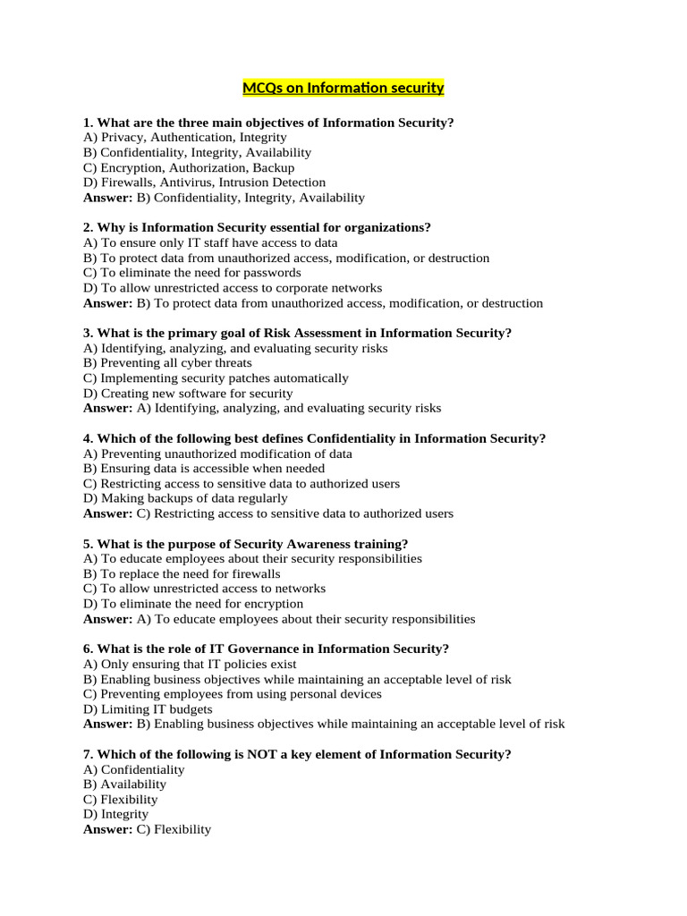 Information Security MCQs and Answers | PDF | Information Security ...