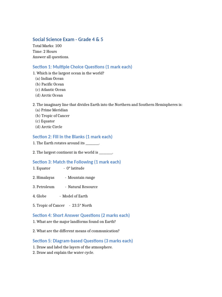 Social Science Exam Grade4 5 Final | PDF