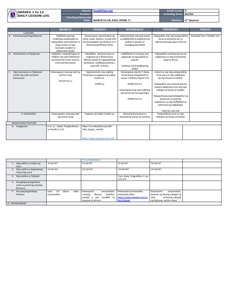 DLL - Mapeh 5 - Q4 - W7 | PDF