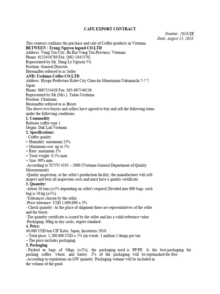 Vietnam-Japan Coffee Export Contract | PDF | Letter Of Credit | Trade