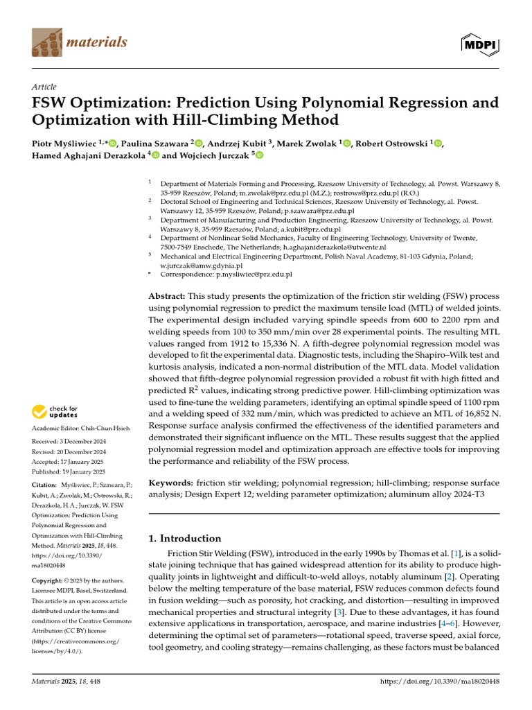 FSW Optimization: Prediction Using Polynomial Regression and Optimization with Hill-Climbing ...