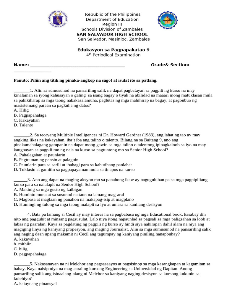 4th quarter exam esp | PDF