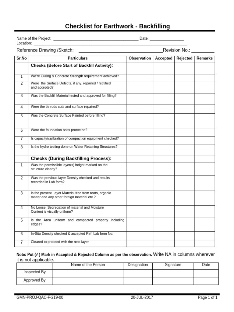 Earthwork-Backfilling Check List | PDF