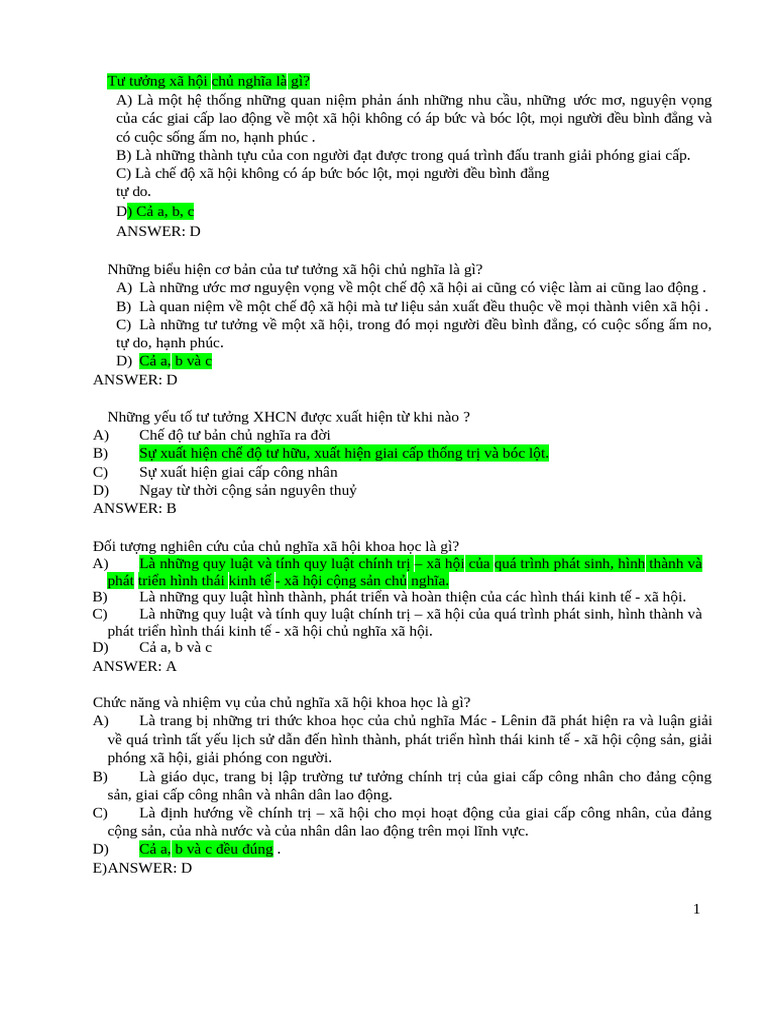 215 Cau Hoi Va Dap An Trac Nghiem Chu Nghia Xa Hoi Khoa Hoc | PDF