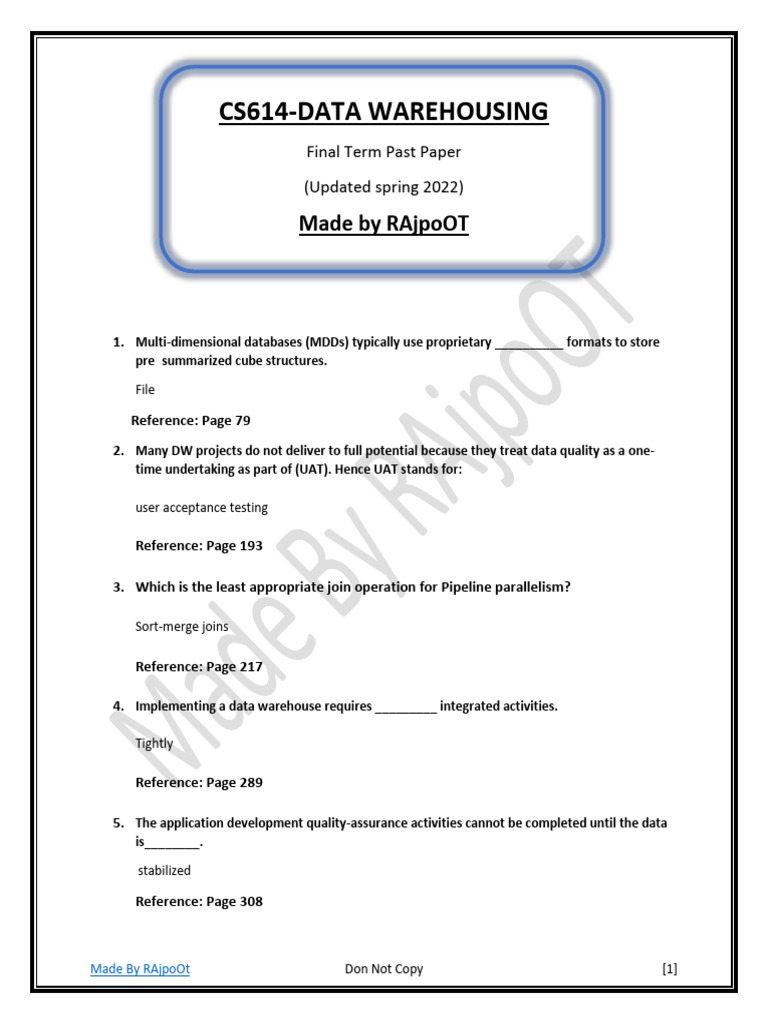 CS614 Final Term File Made by RajpoOt | PDF | Data Warehouse | Database Index