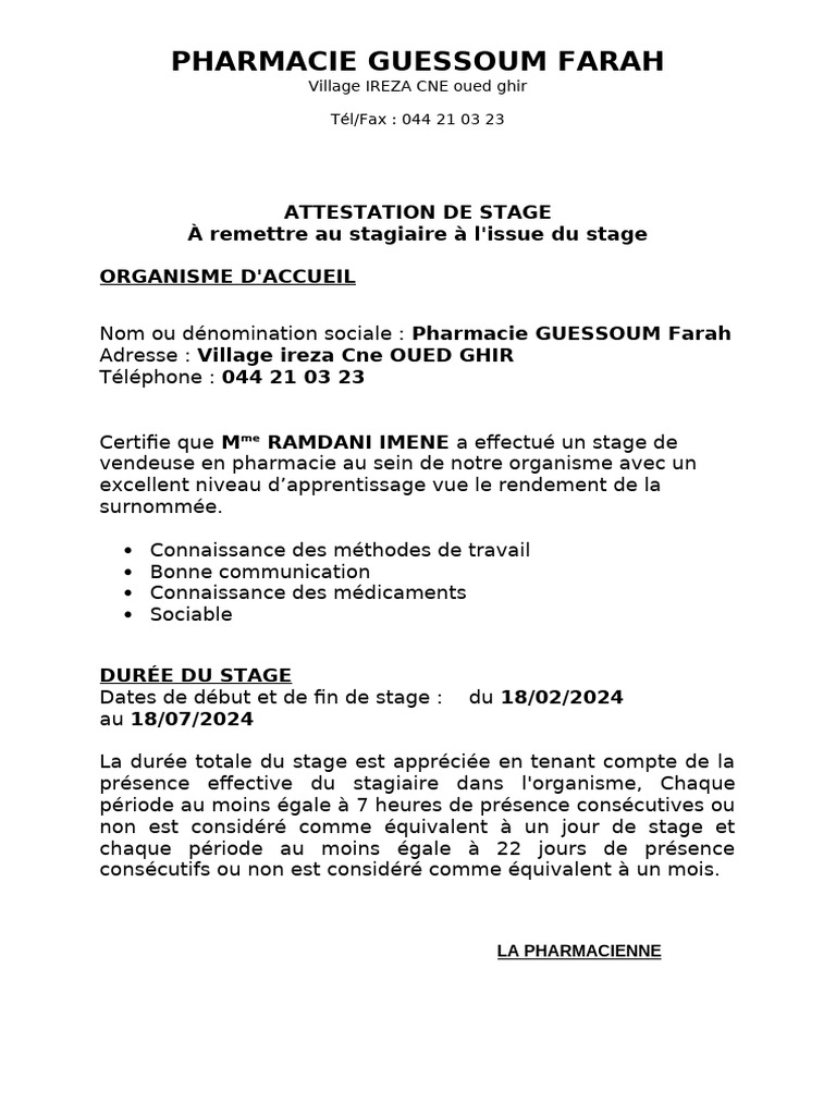 Attestation de stage en pharmacie | PDF