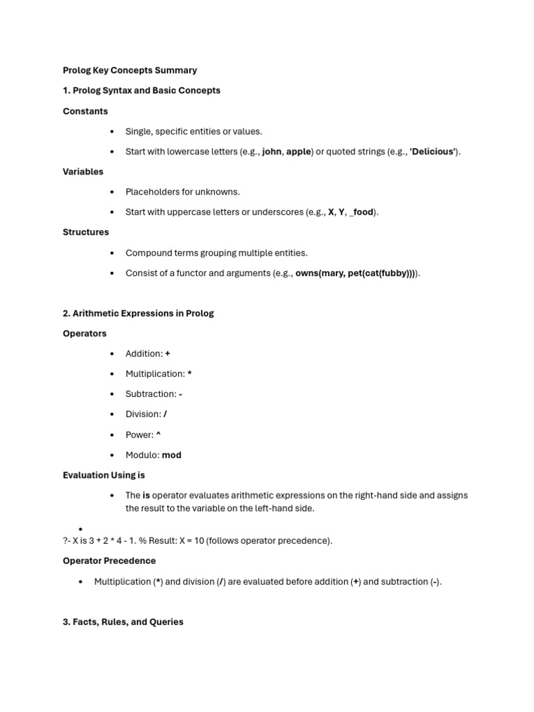 Prolog Key Concepts Summary | PDF | Multiplication | Variable (Mathematics)