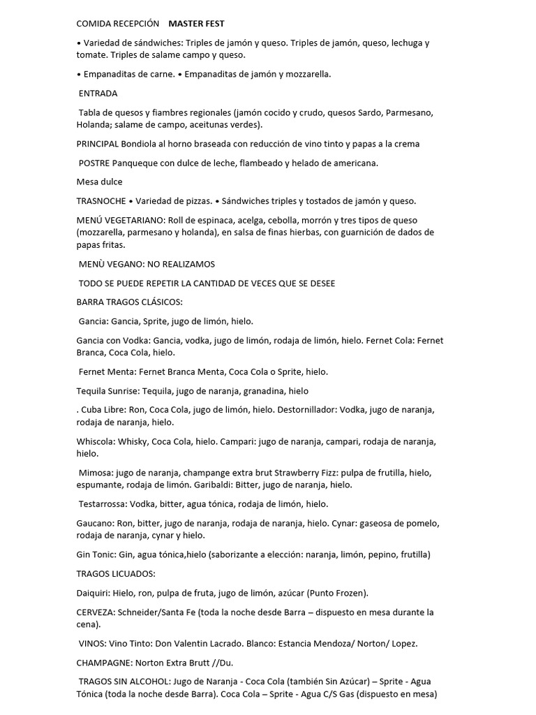 Menú de Comida para Master Fest | PDF