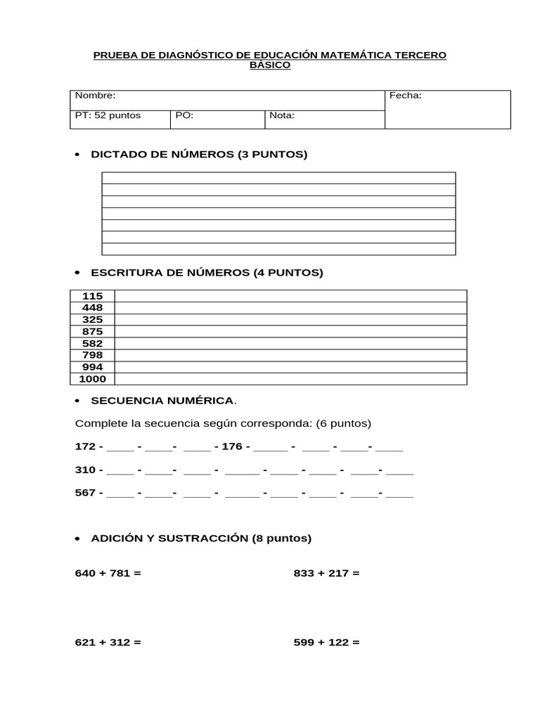 Prueba Diagnóstica Matemáticas 3° Básico | PDF