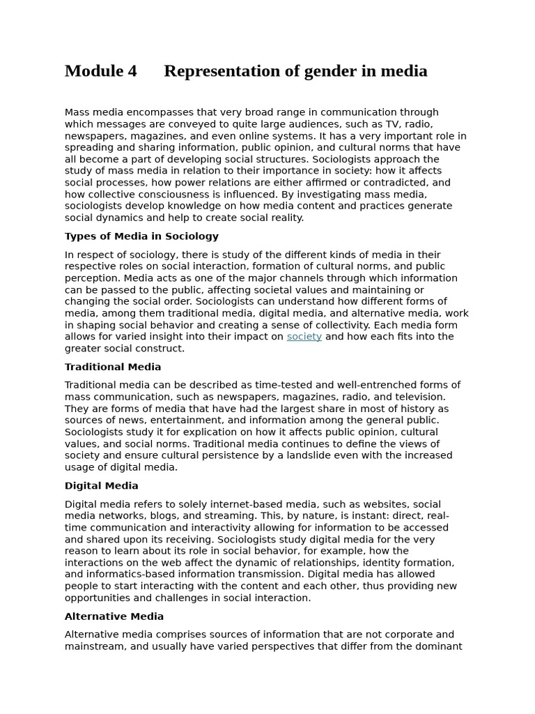 Module 4 Representation of Gender in Media | PDF | Mass Media | Sociology