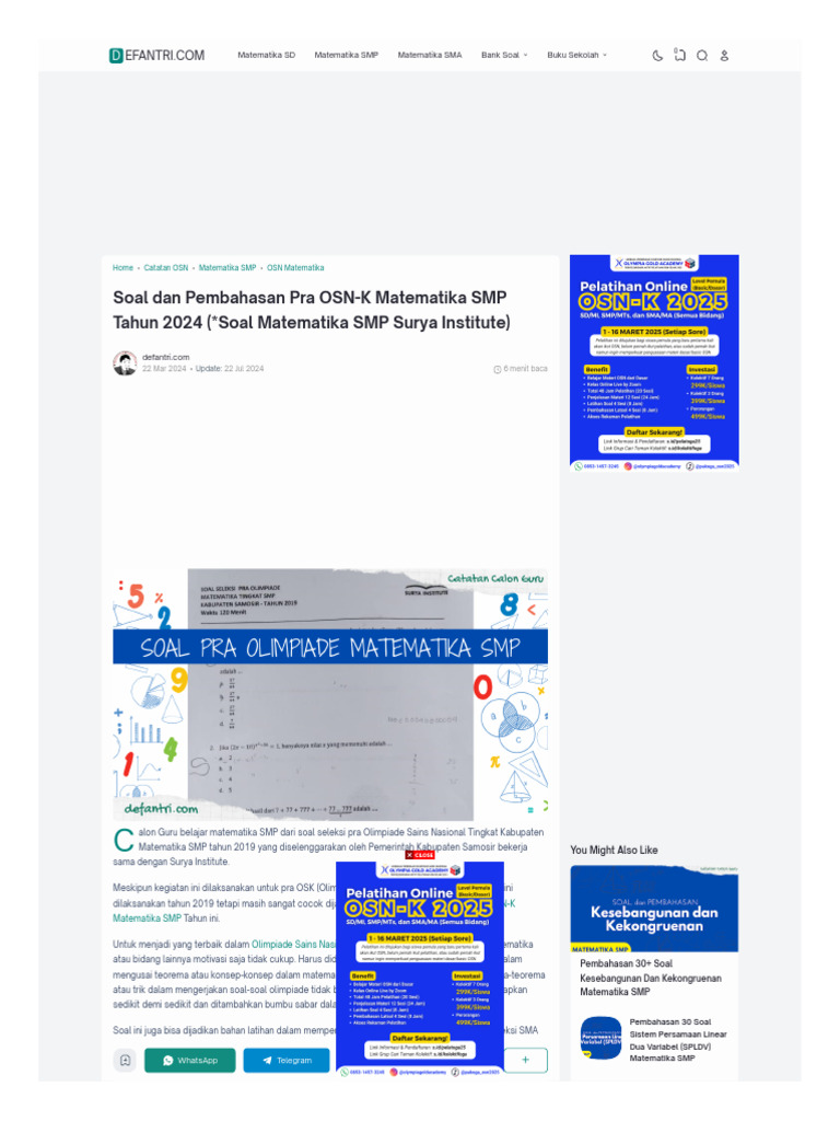 Latihan Pra Osk Matematika SMP | PDF