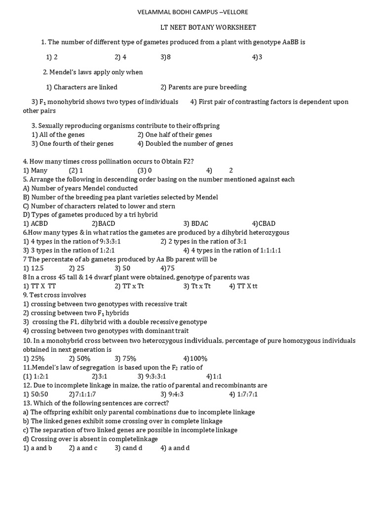 Botany Worksheet 26.12.2024 | PDF | Dominance (Genetics) | Biological ...