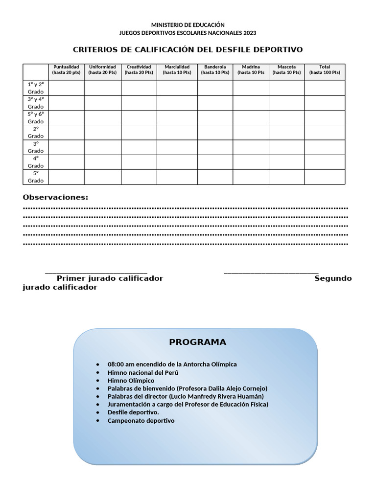 Criterios y Programa Desfile Deportivo | PDF