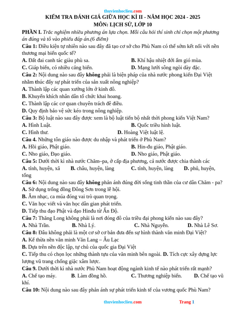 De Kiem Tra Giua HK2 Lich Su 10 KNTT 24 25 | PDF