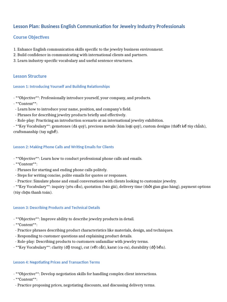 Business English for Jewelry Professionals | PDF | Communication | Learning