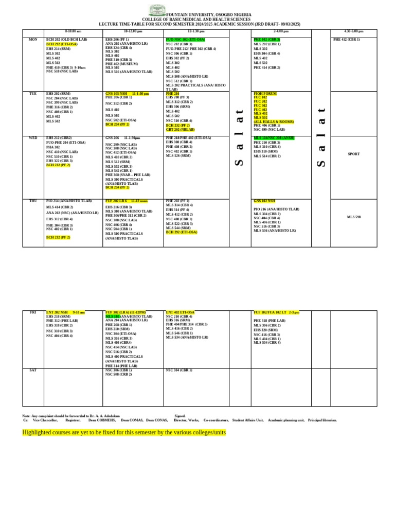 2nd Semester Cobmhes Lecture Timetable 2024-2025 Session | PDF