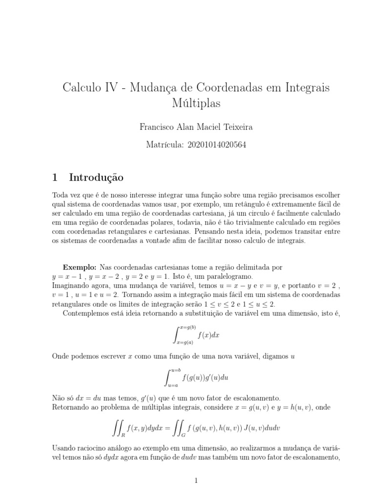 Calculo IV Mudança de Coordenadas em Integrais Múltiplas | PDF ...