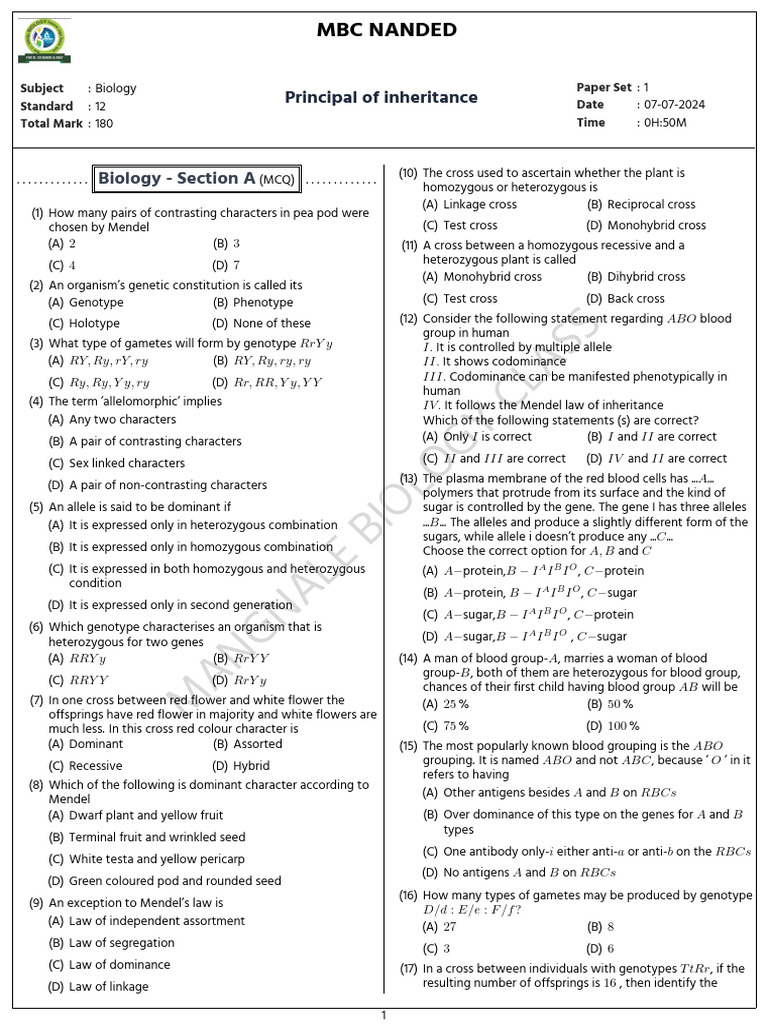 Principles of Inheritance in Biology | PDF | Dominance (Genetics ...