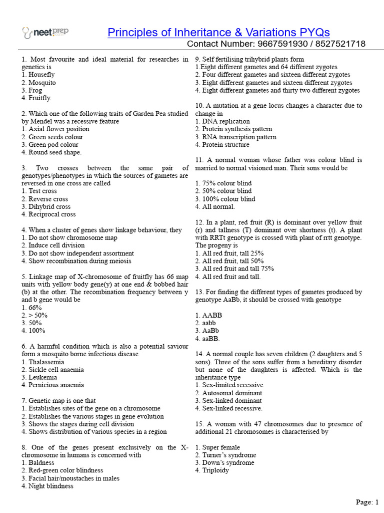 Principles of Inheritance & Variations PYQs | PDF | Dominance (Genetics) | Genotype