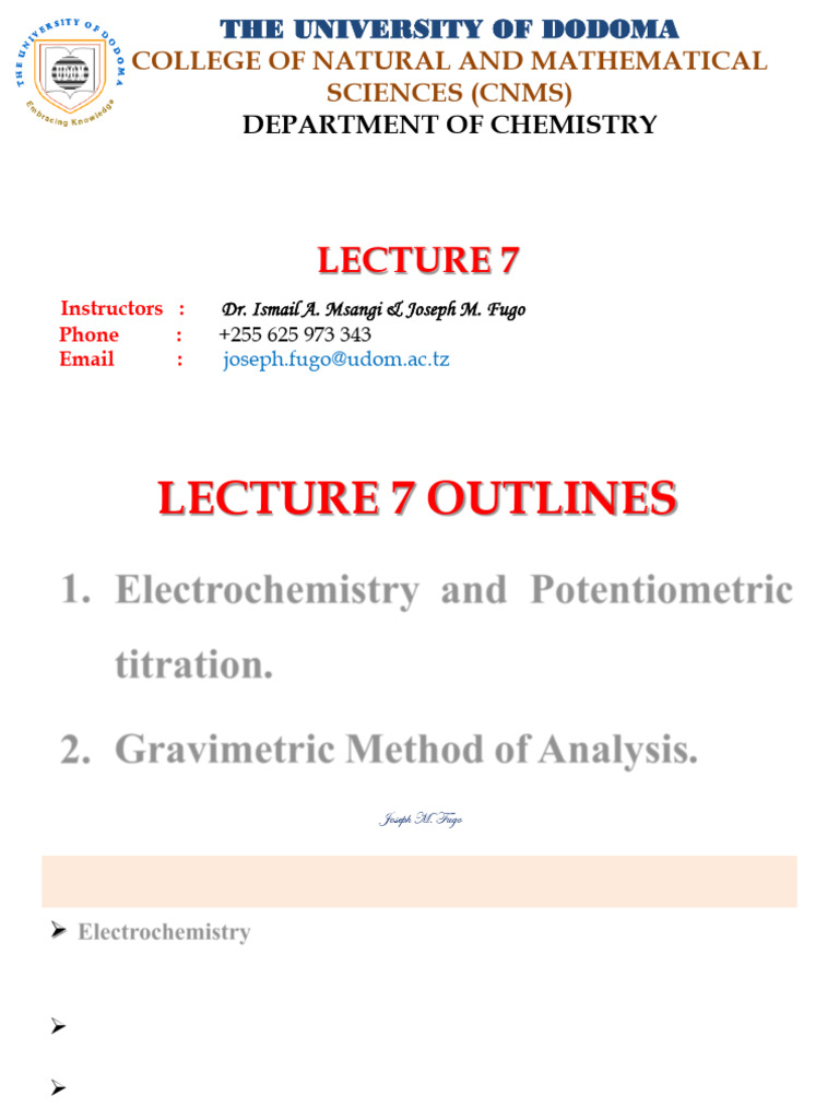 CH 1102 - Lecture 7-Electrochemistry, Potentiometric Titration ...
