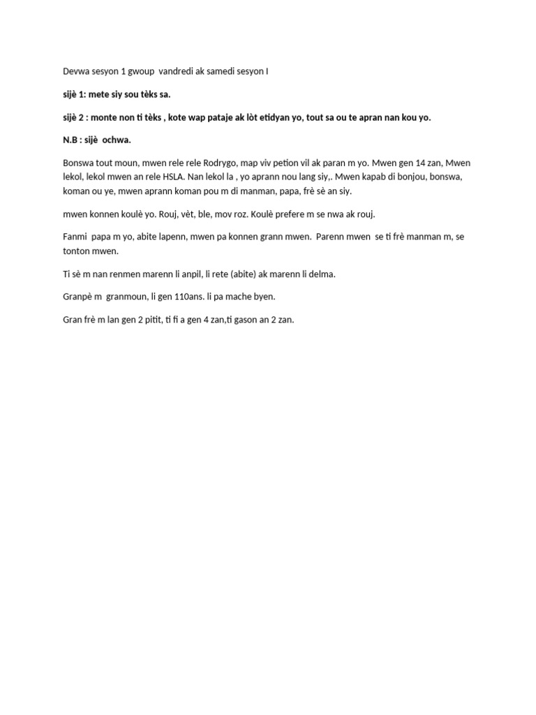 Devwa Sesyon 1 Gwoup Vandredi Ak Samedi Sesyon I | PDF