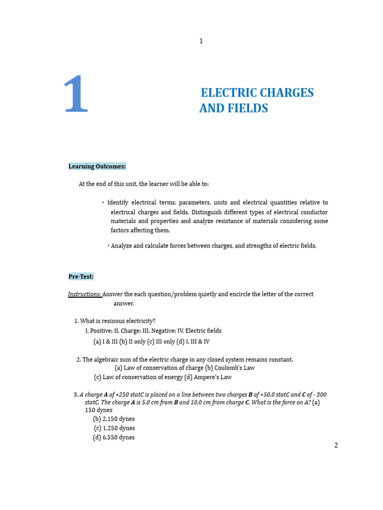 1.1 Electric Charges and Fields | PDF | Electric Charge | Electron